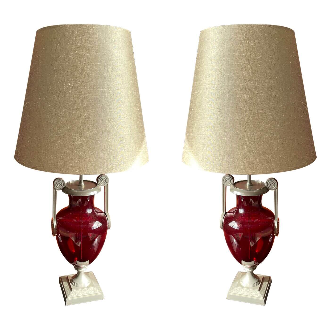 Cavit & Co Red Glass Empire Style Lamps, pair